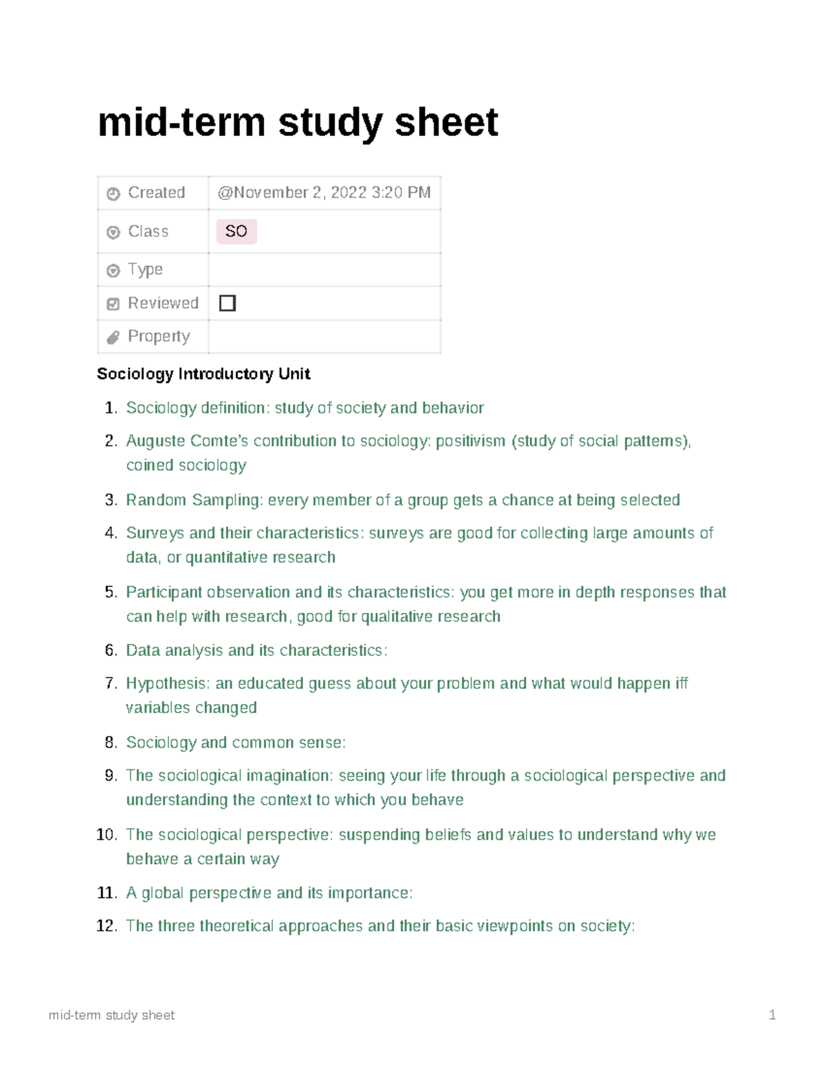 Mid-term study sheet - Professor Williams - mid-term study sheet ...