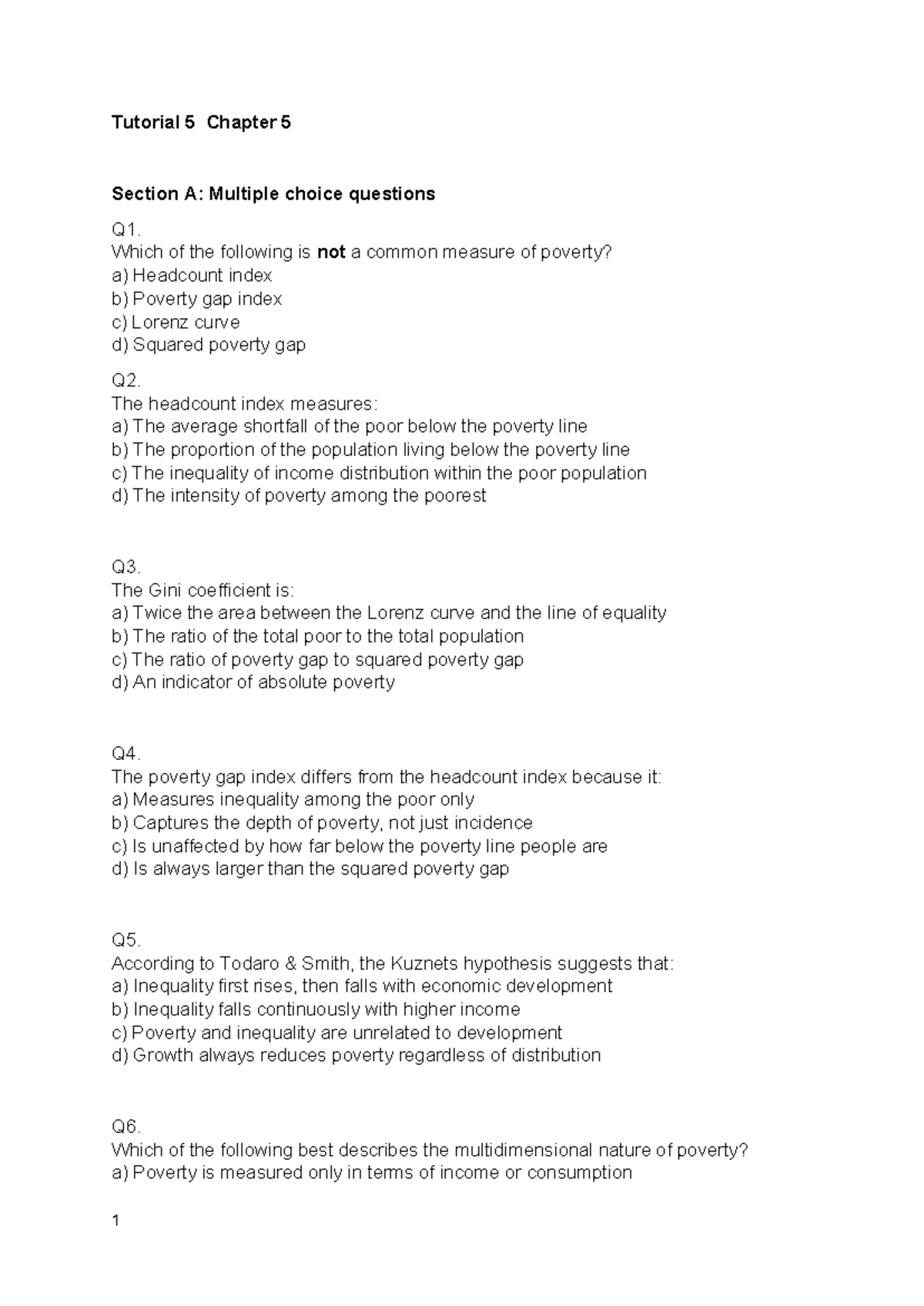 Tutorial 5: Chapter 5 Multiple Choice Questions on Poverty Measures ...