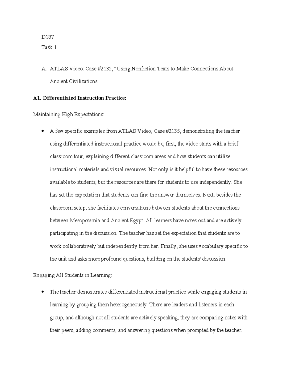 D187 Task 1 - Case Study: Differentiated Instruction in Ancient ...