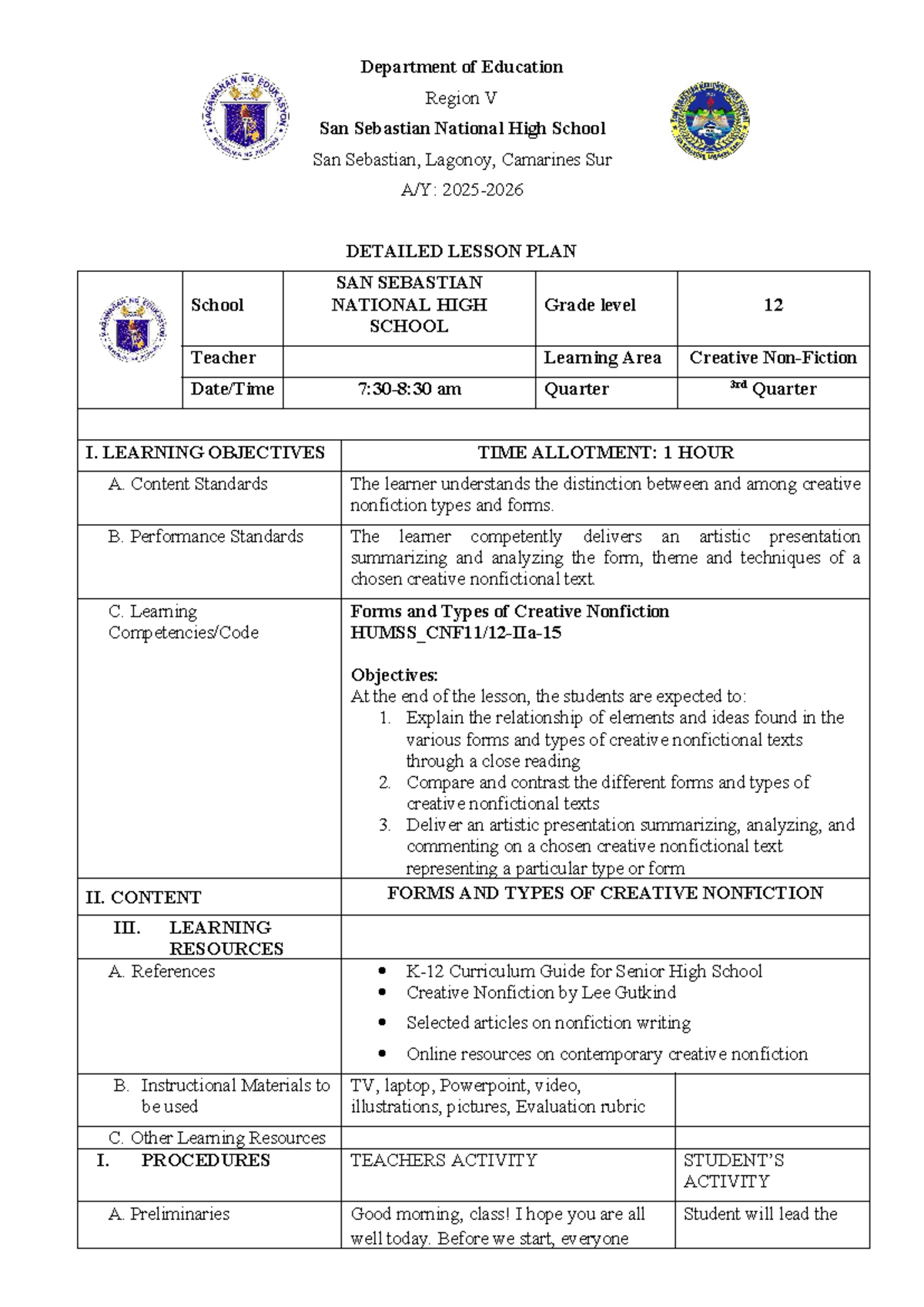 Detailed Lesson Plan in Creative Nonfiction (Grade 12) - Studocu