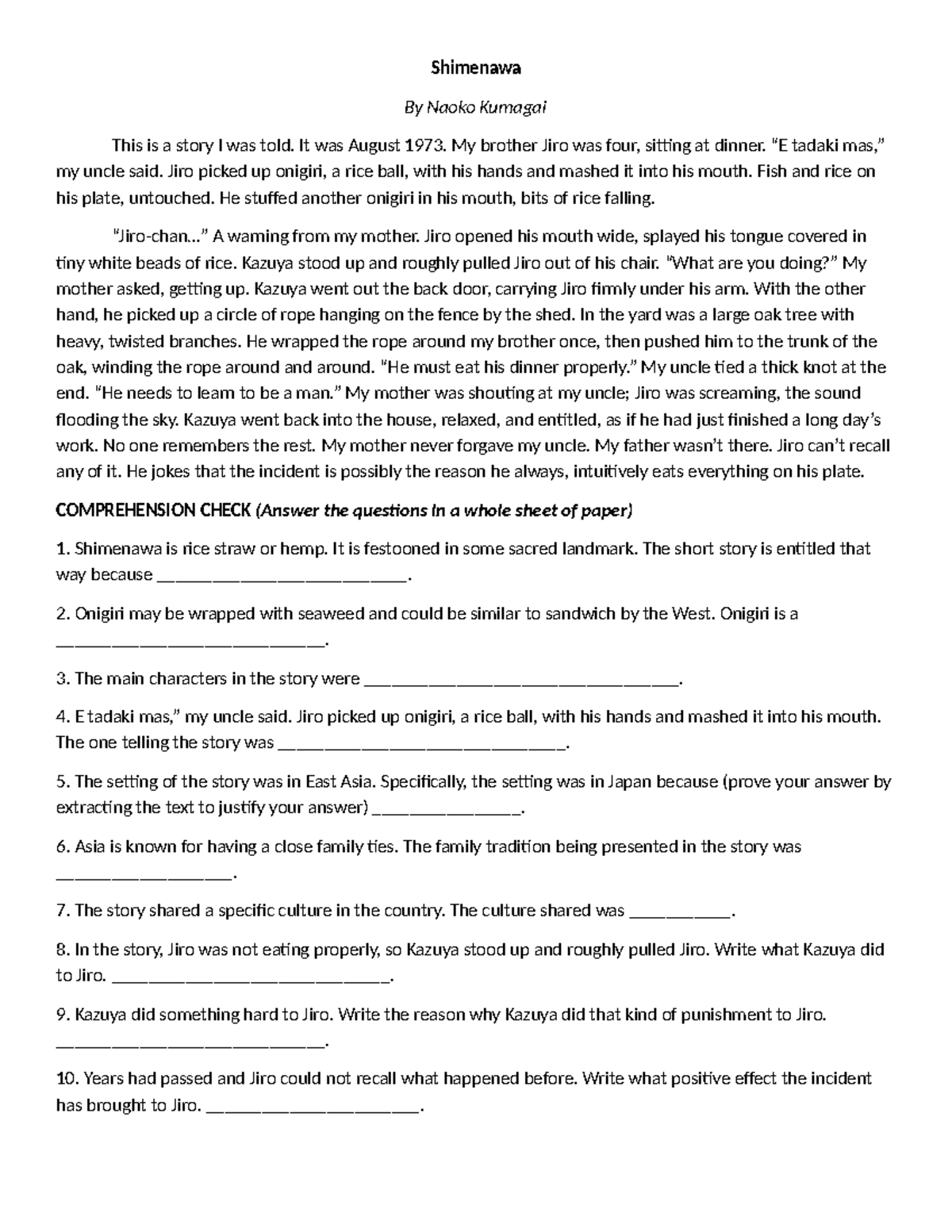 Shimenawa - A Short Story Analysis and Comprehension Guide - Studocu