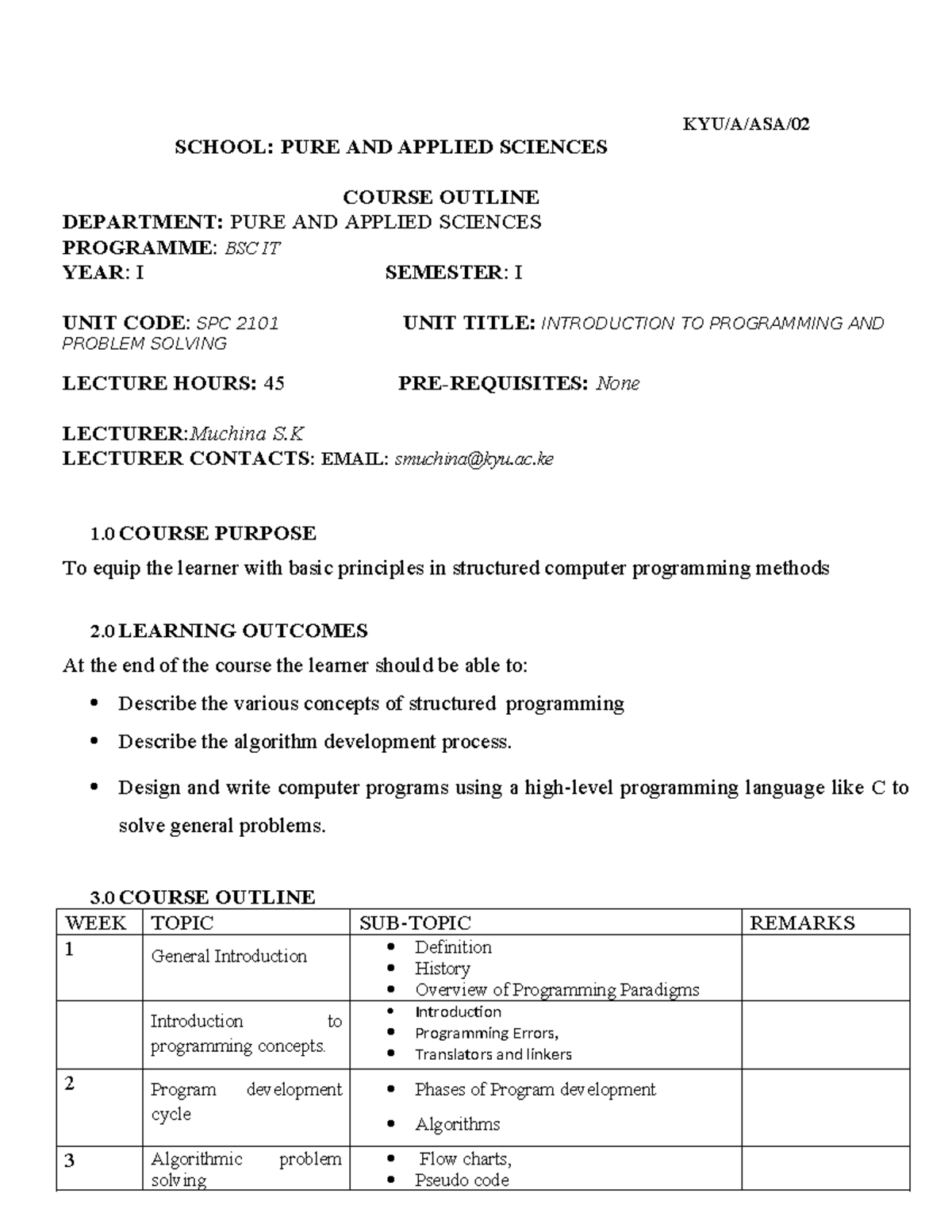 Intro To Programming Course Outline Kyuaasa School Pure And Applied Sciences Course 0085