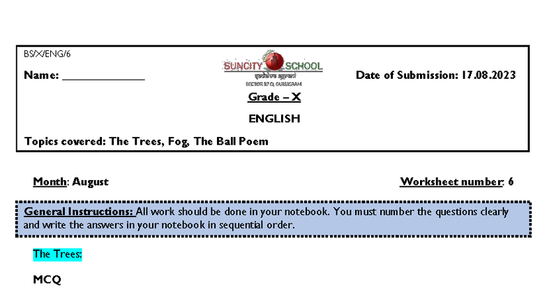 Grade 10 English HW: The Trees & Fog Worksheets (Aug-Oct 2023) - Studocu