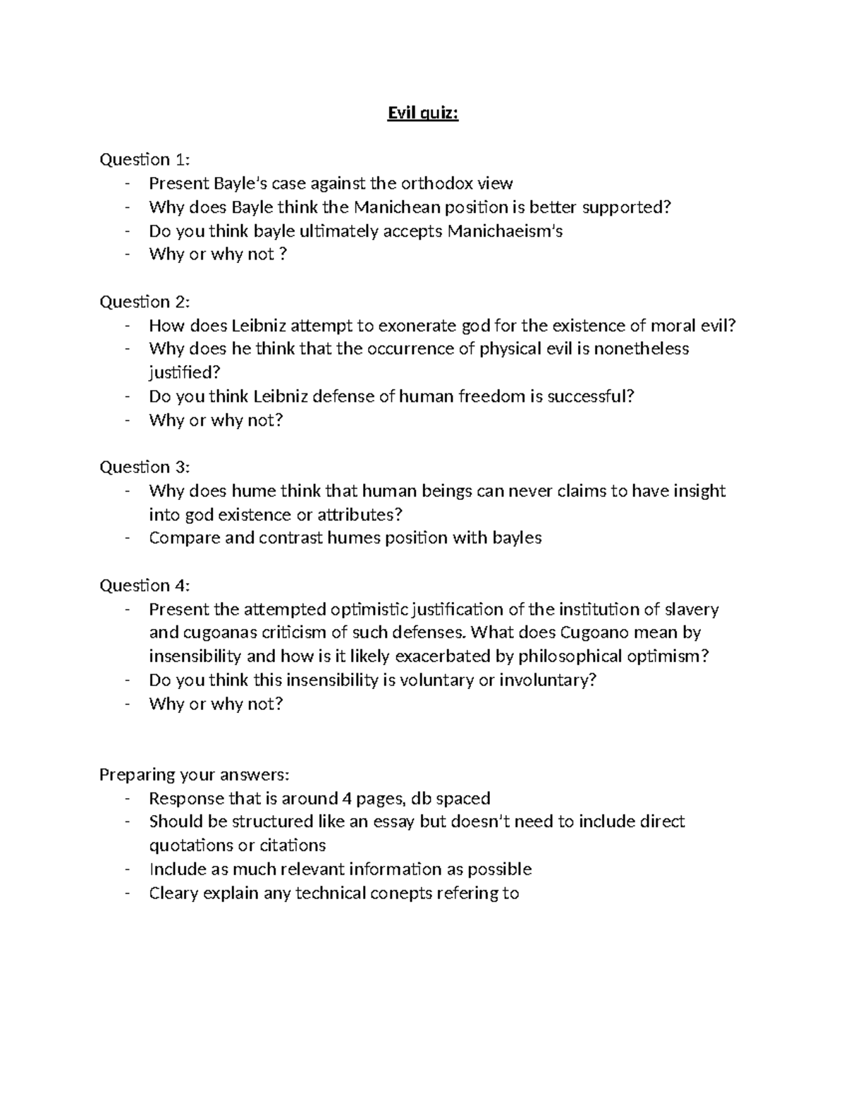Evil quiz - evil - Evil quiz: Question 1: Present Bayle’s case against ...