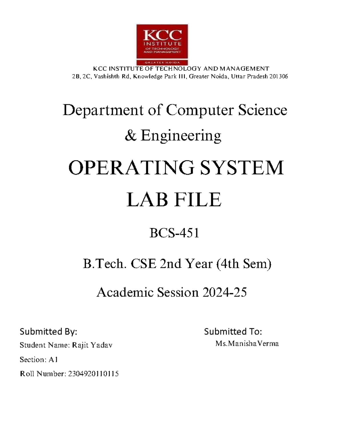 Operating System Lab File - B.Tech CSE 2nd Year (4th Sem) - Studocu