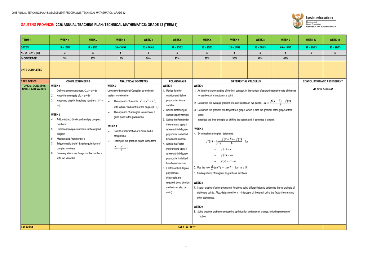 2026 GAUTENG GRADE 12 TECHNICAL MATHS ANNUAL TEACHING PLAN & ASSESSMENT ...