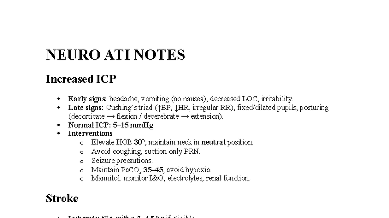 NEURO ATI NOTES: Increased ICP & Stroke Management Guidelines - Studocu