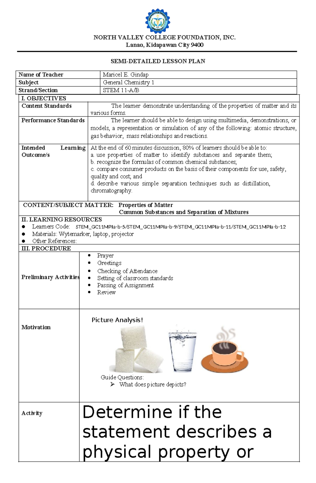 GEN CHEM 1: Lesson Plan on Properties of Matter & Separation Techniques ...