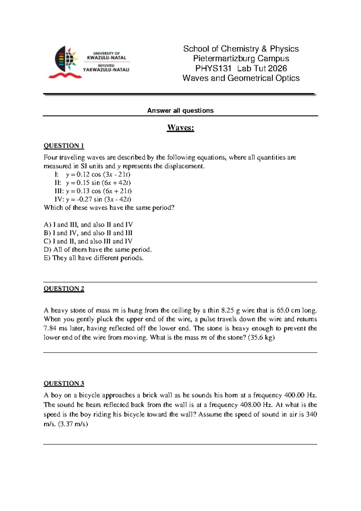 PHYS131 Lab Tutorial 2026: Waves & Geometrical Optics Questions - Studocu
