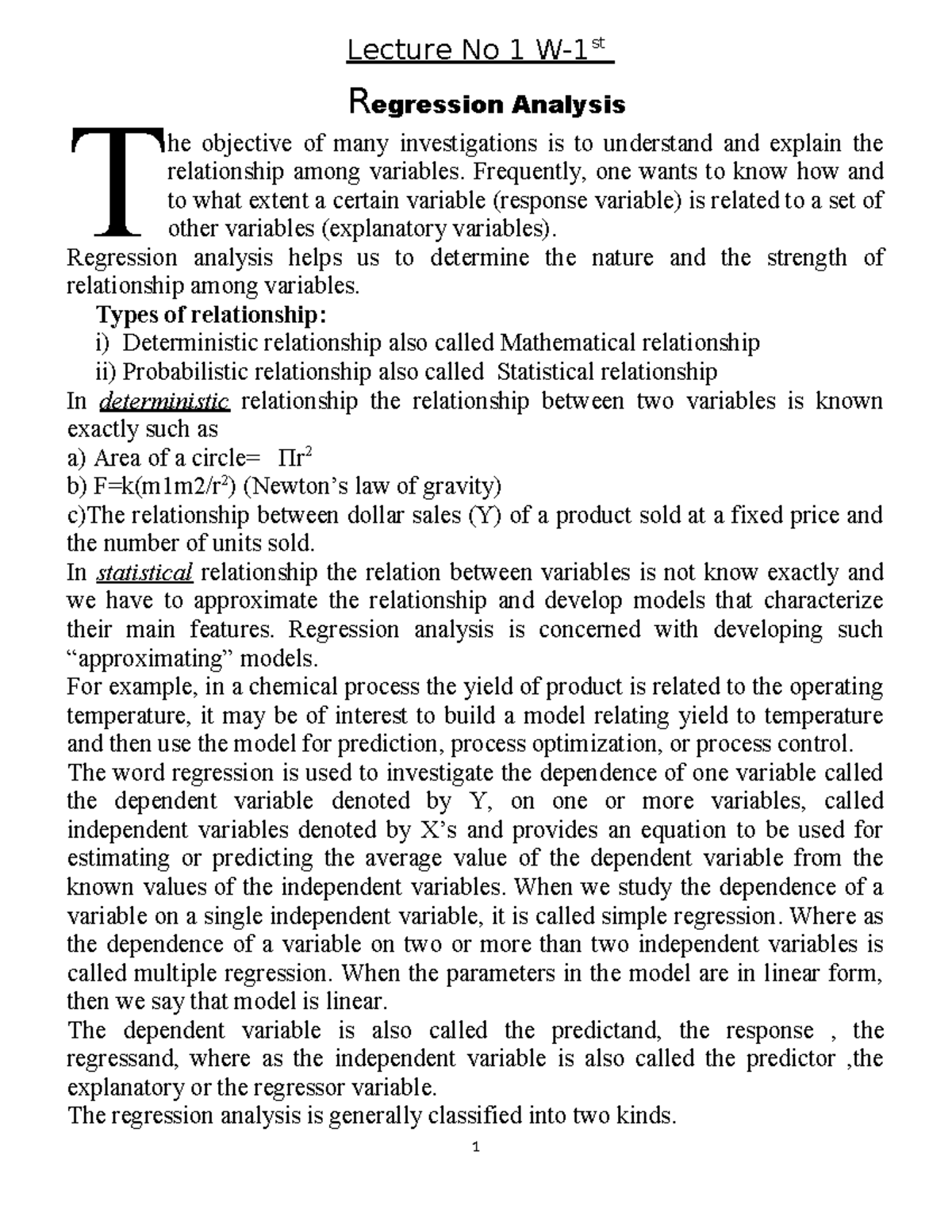 Lecture No 1: Introduction to Regression Analysis (SLR) - Studocu