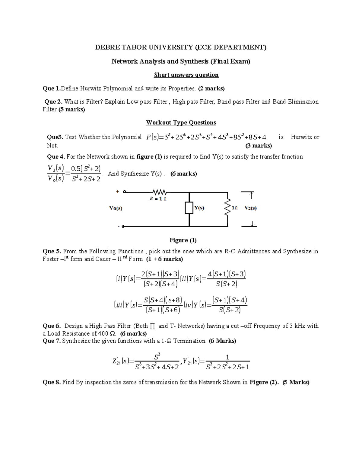Network Analysis & Synthesis (ECE) Final Exam Study Guide - Studocu