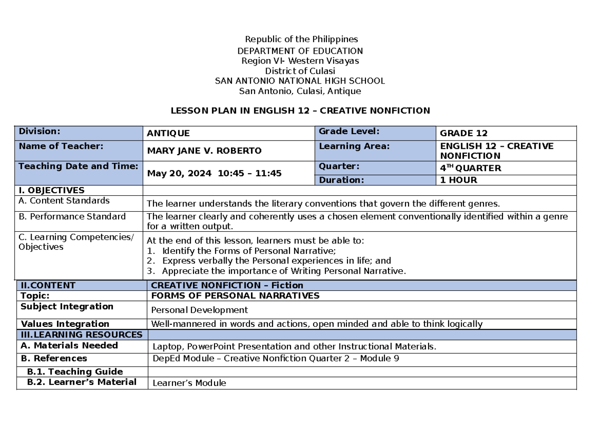 LP7 - English 12 Creative Nonfiction: Lesson on Personal Narratives ...