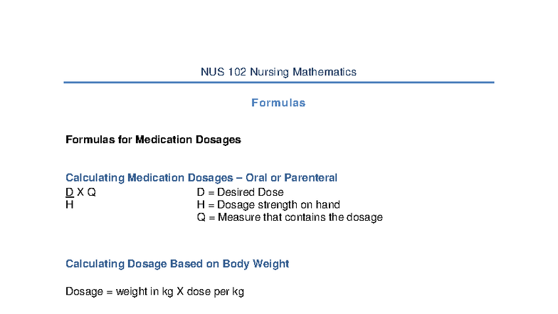 NUS 102 Nursing Math: Medication Dosage & IV Flow Rate Formulas - Studocu