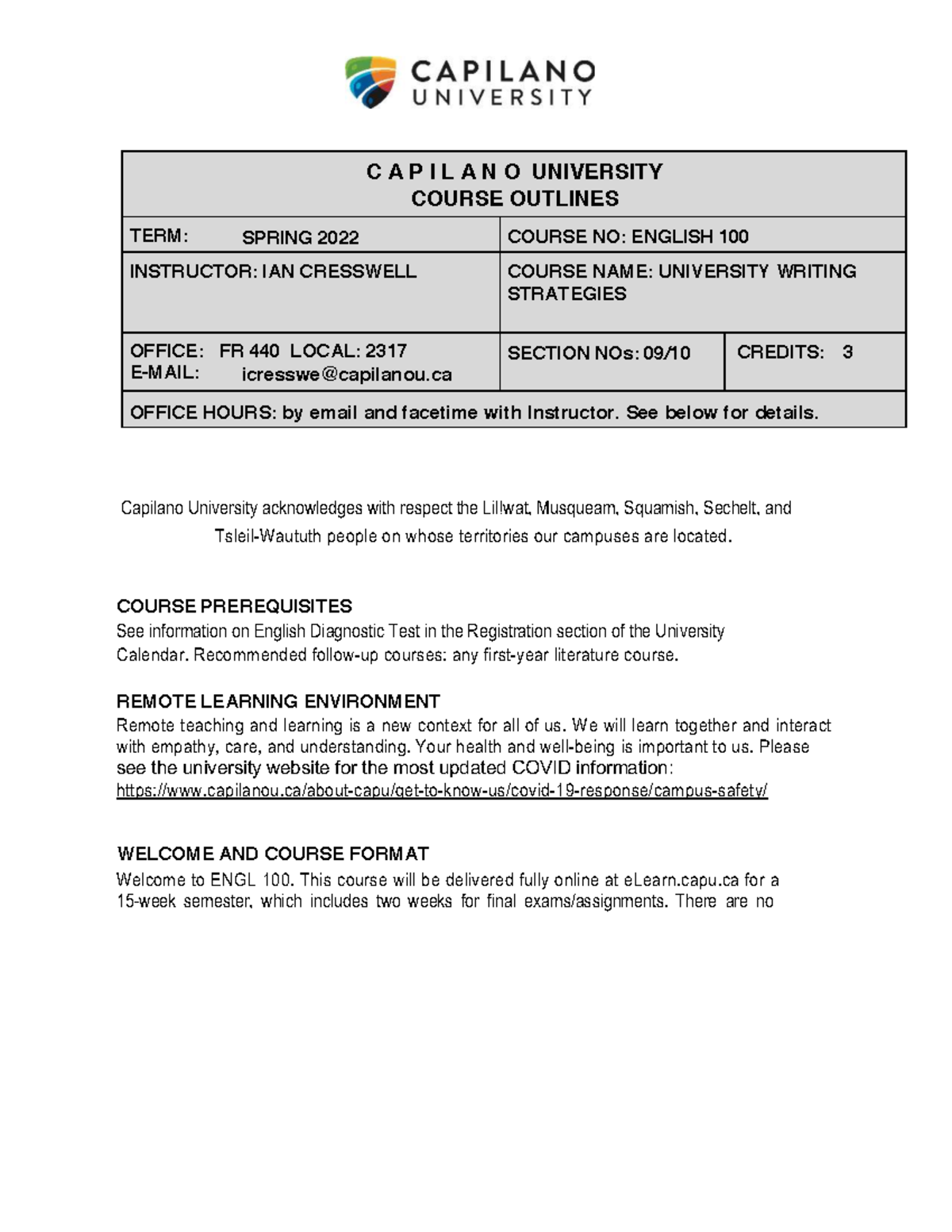 ENGL 100 Syllabus: University Writing Strategies - Spring 2022 - Studocu