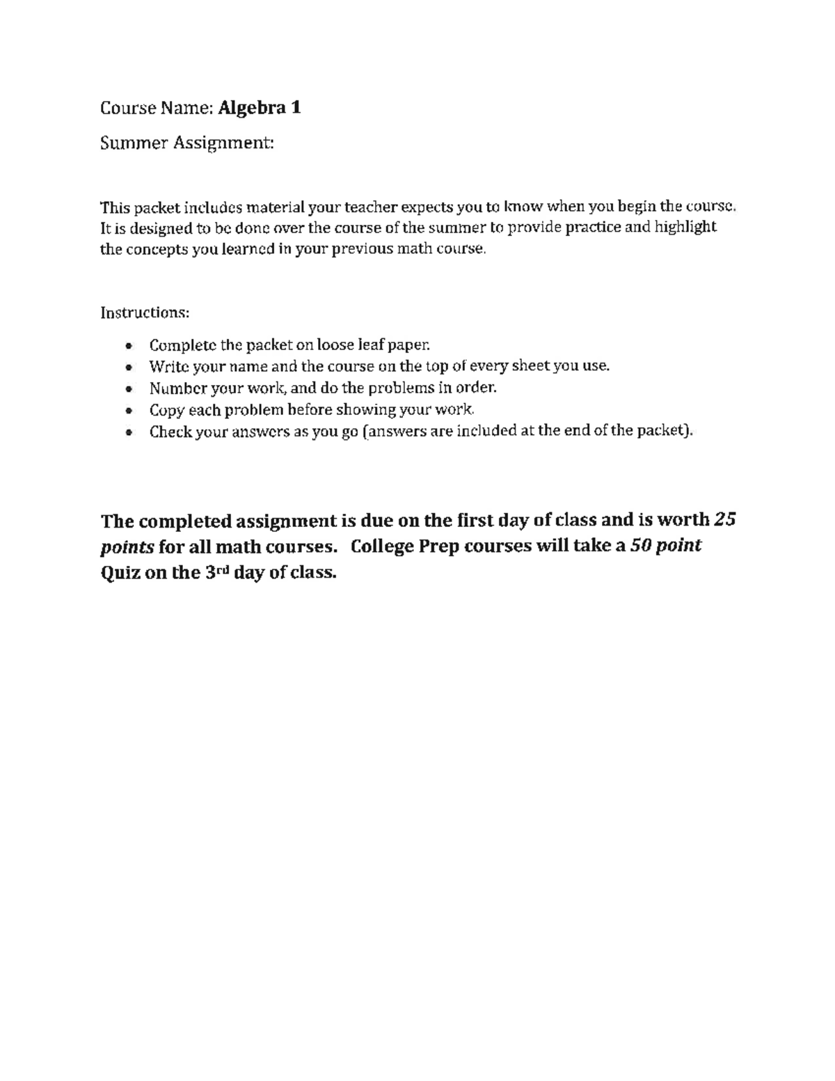 Algebra 1 Summer Assignment Overview and Practice Guide - Studocu