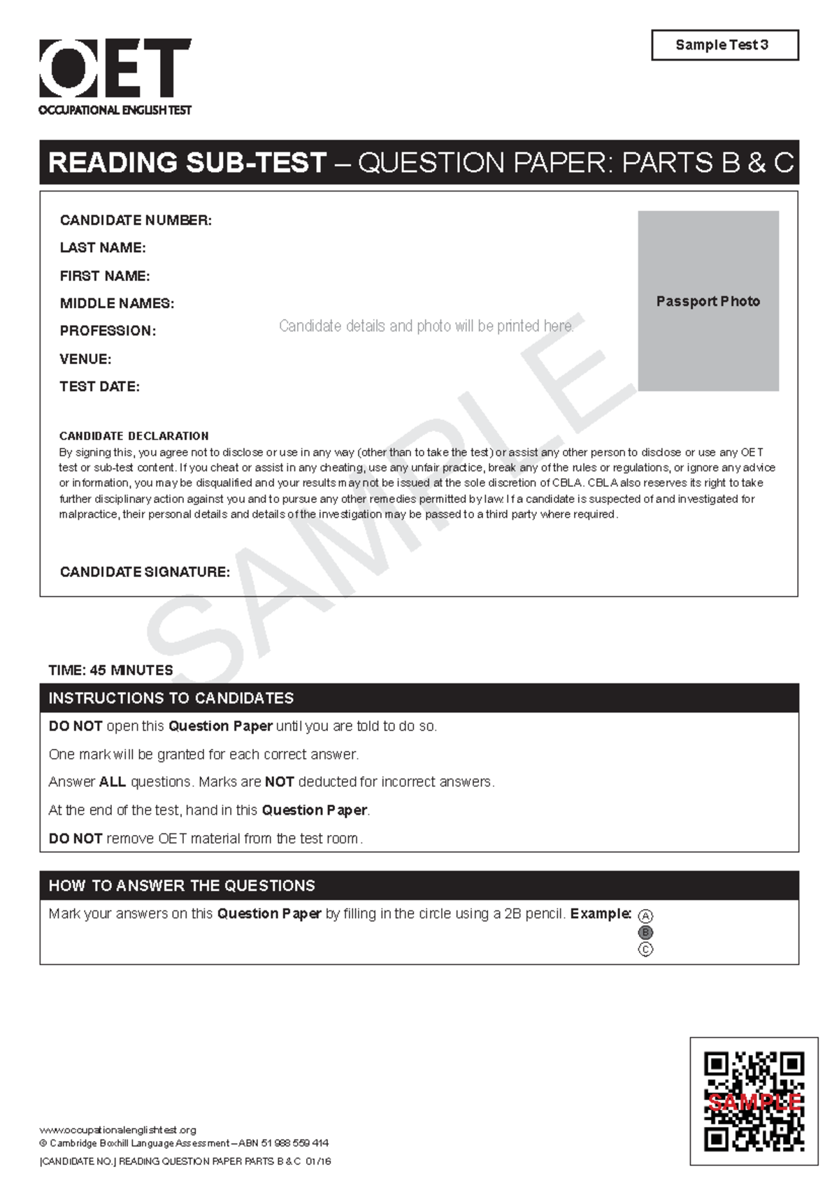 Reading Sample Test 3: Question Paper for Parts B & C Evaluation - Studocu