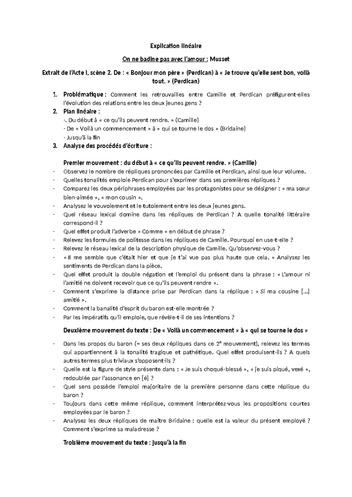 Analyse linéaire : On ne badine pas avec l'amour - Musset - Studocu