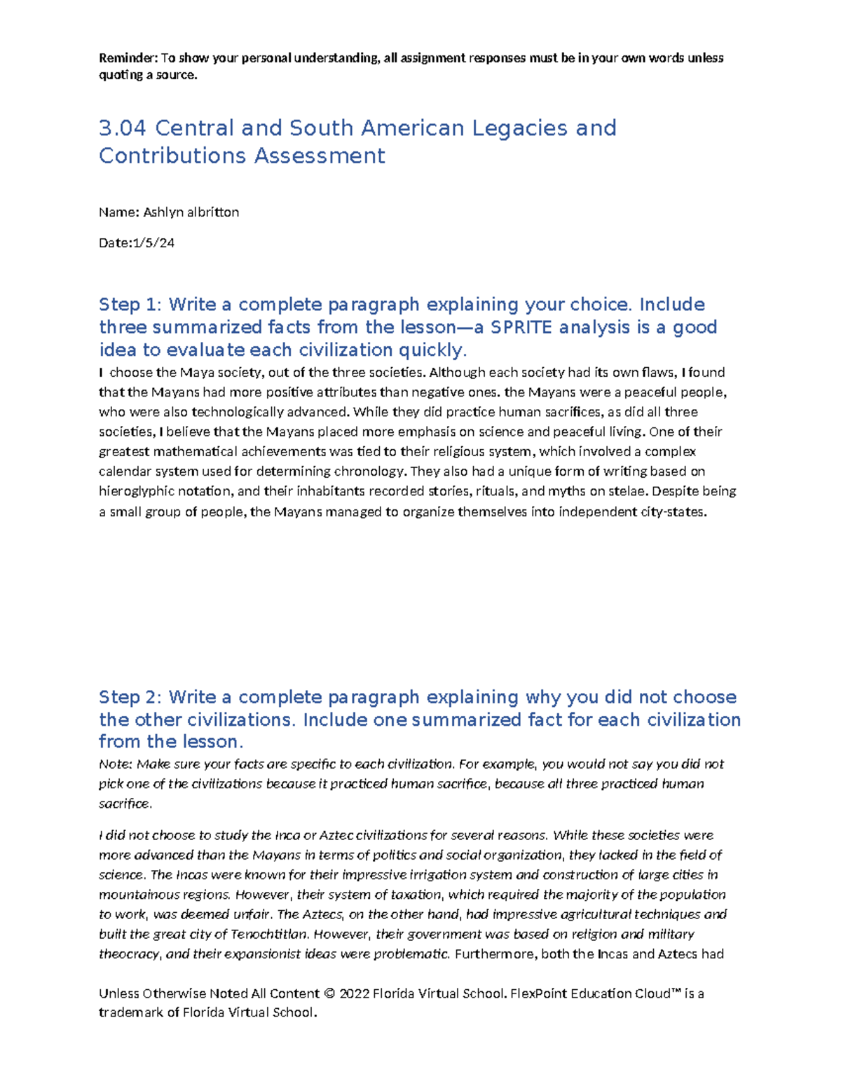 3.04 Assessment on Central & South American Civilizations: Maya Focus ...