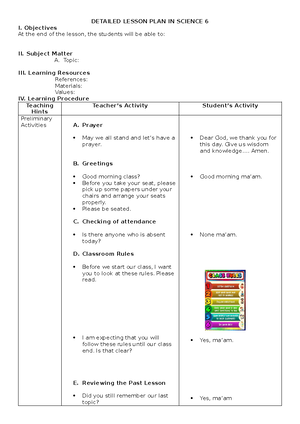 Detailed lesson plan for science 5: objectives and procedures - Studocu