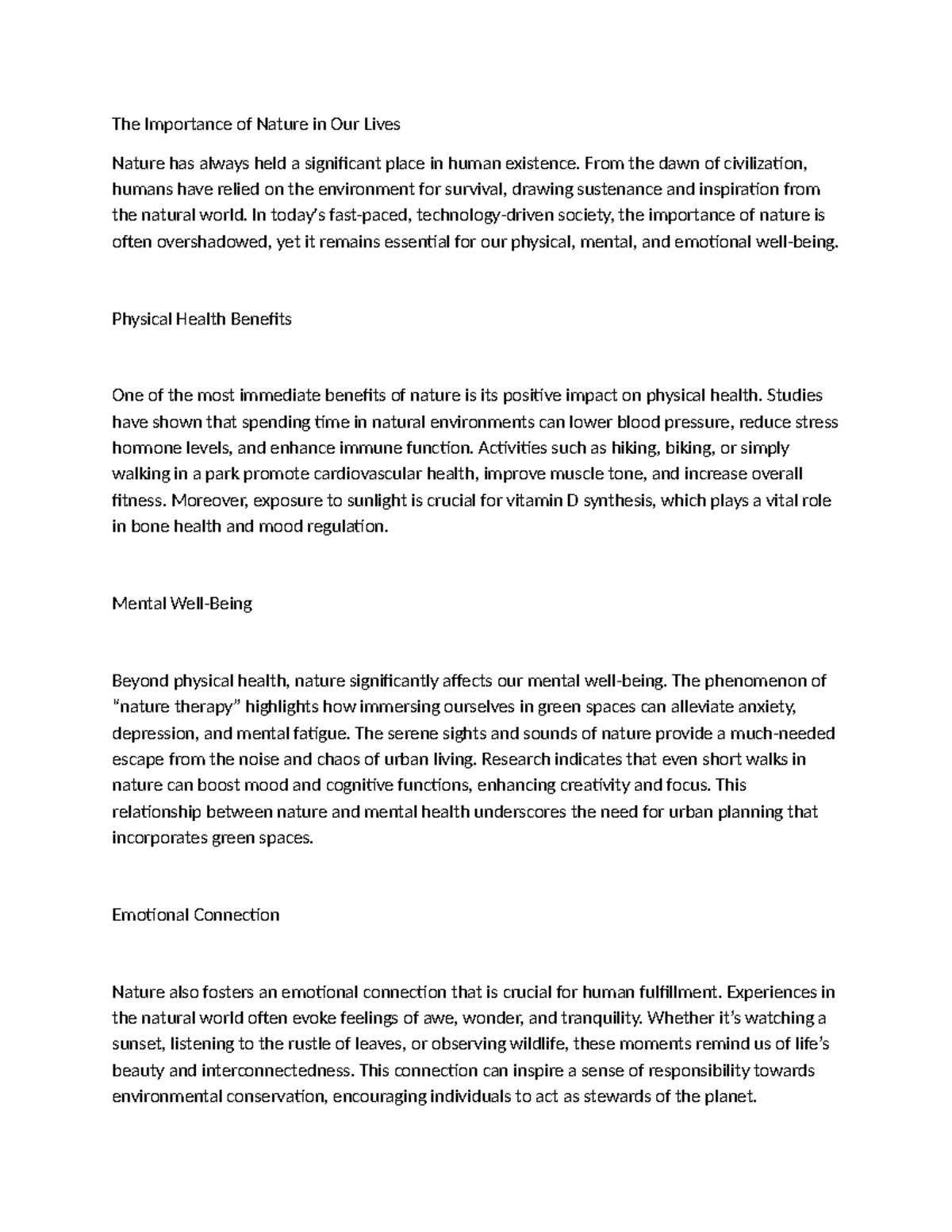 The Role of Nature in Human Well-Being: A Comprehensive Study - Studocu