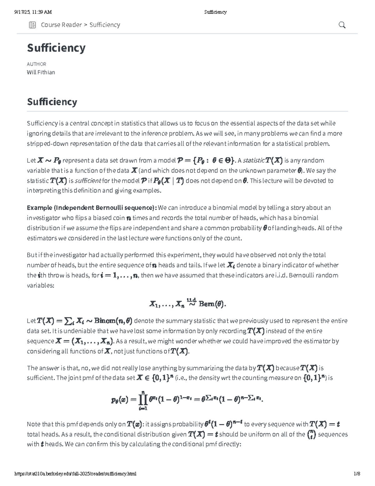 Sufficiency in Statistical Models: Concepts and Examples (STAT210A ...