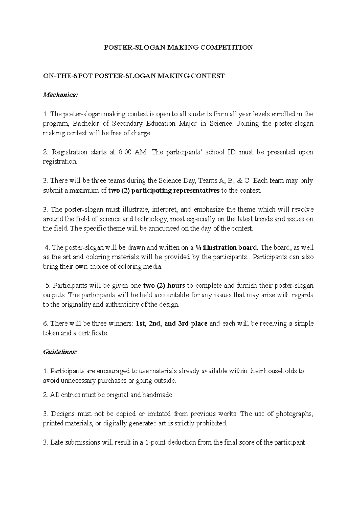 Guidelines for BSED Science On-the-Spot Poster-Slogan Contest - Studocu