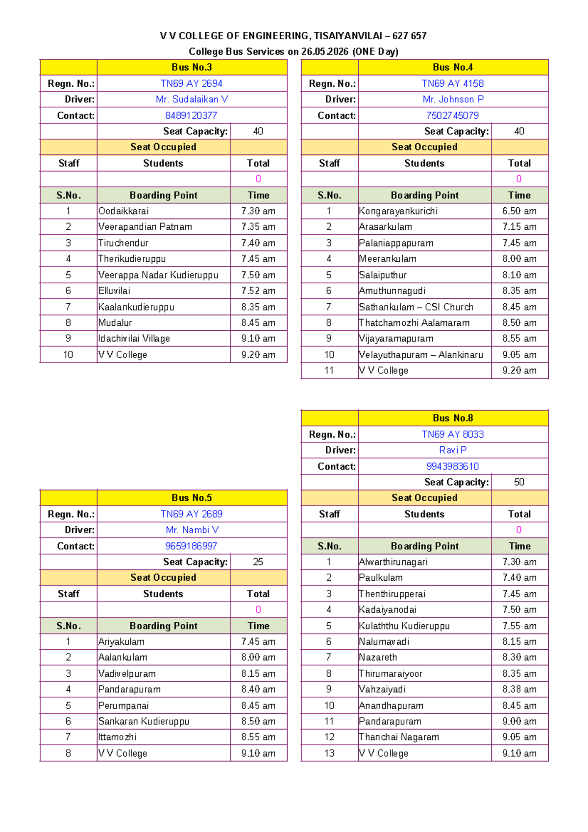 V V College of Engineering Bus Services Schedule - 26.05.2026 - Studocu