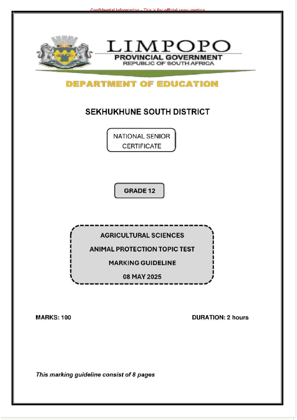 AGRS 12 Animal Protection Topic Test Marking Guideline - May 2025 - Studocu