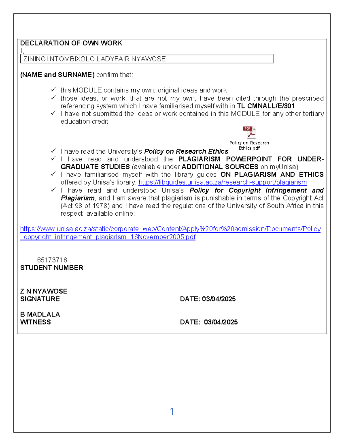 Leadership in Health Services - DECLARATION OF OWN WORK I, ZININGI NTOMBIXOLO LADYFAIR NYAWOSE ...