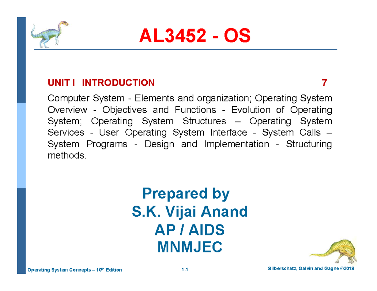 AL3452 OS Unit I: Computer System Elements & OS Overview Notes - Studocu
