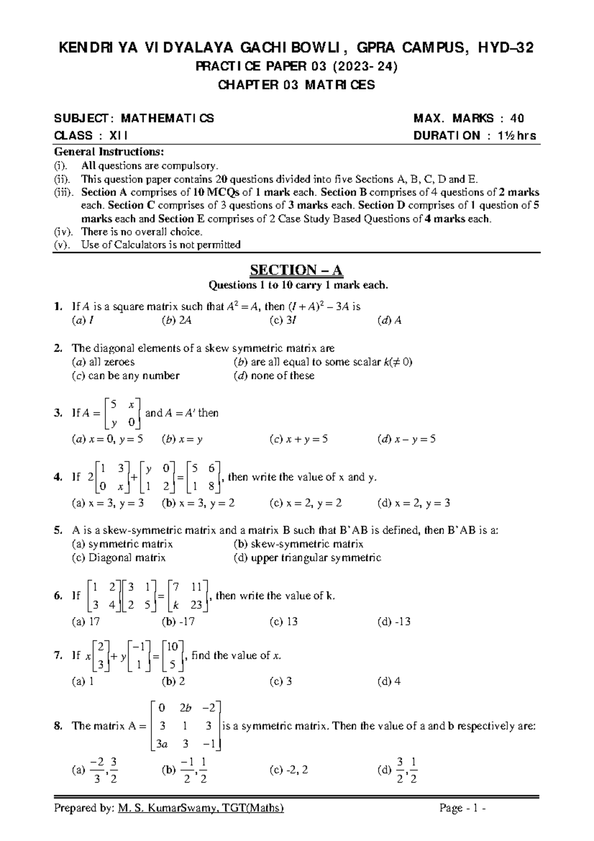 Maths XII Practice Paper 03: Chapter 03 - Matrices - Studocu