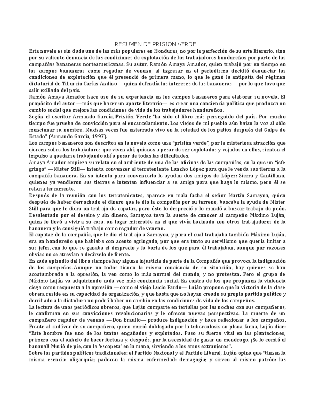 476074265 Resumen de la Novela "Prisión Verde" de Ramón Amaya Amador ...
