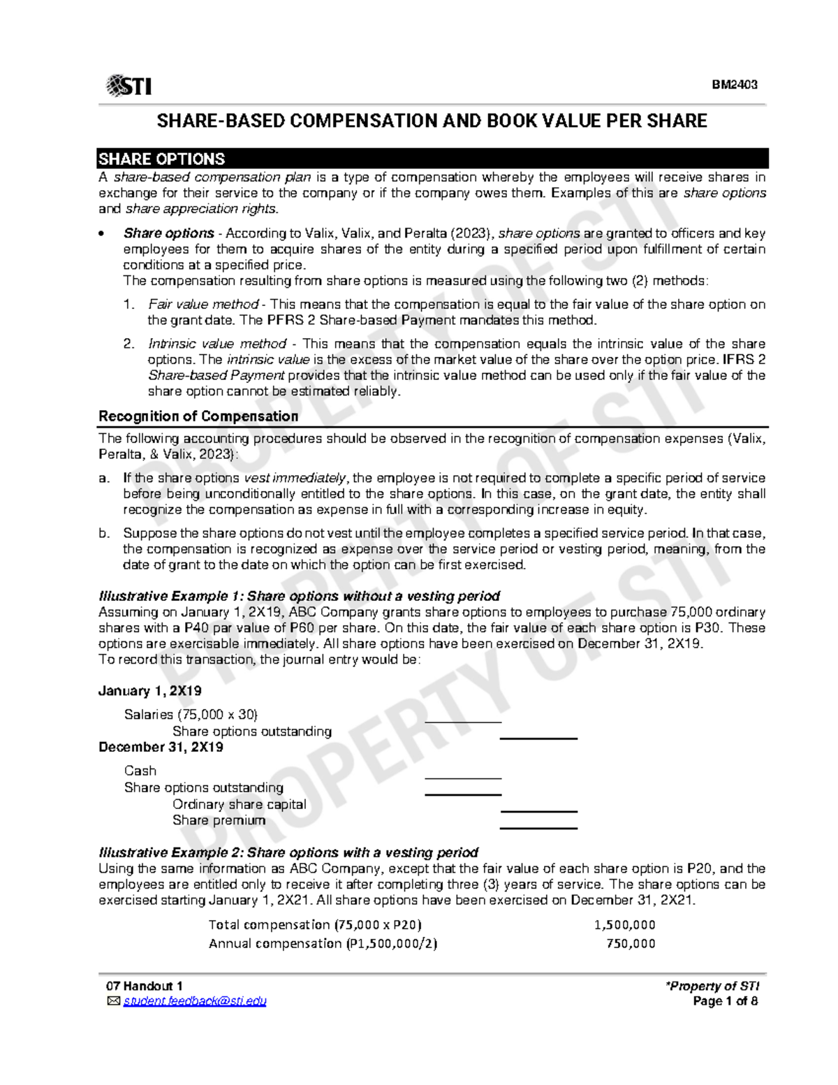 BM2403 Compensation Plans: Share Options & Book Value Per Share - Studocu