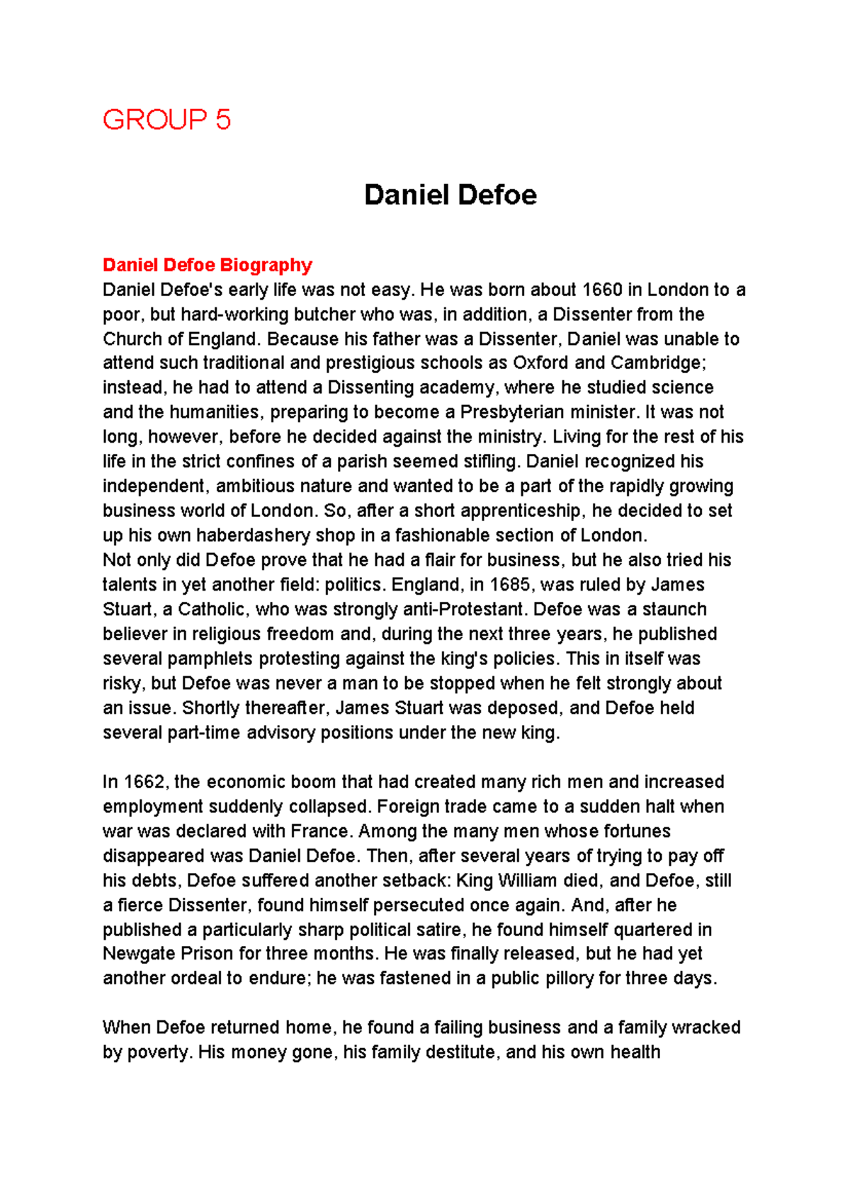 Daniel Defoe and the Adventures of Robinson Crusoe (ENG101) - Studocu