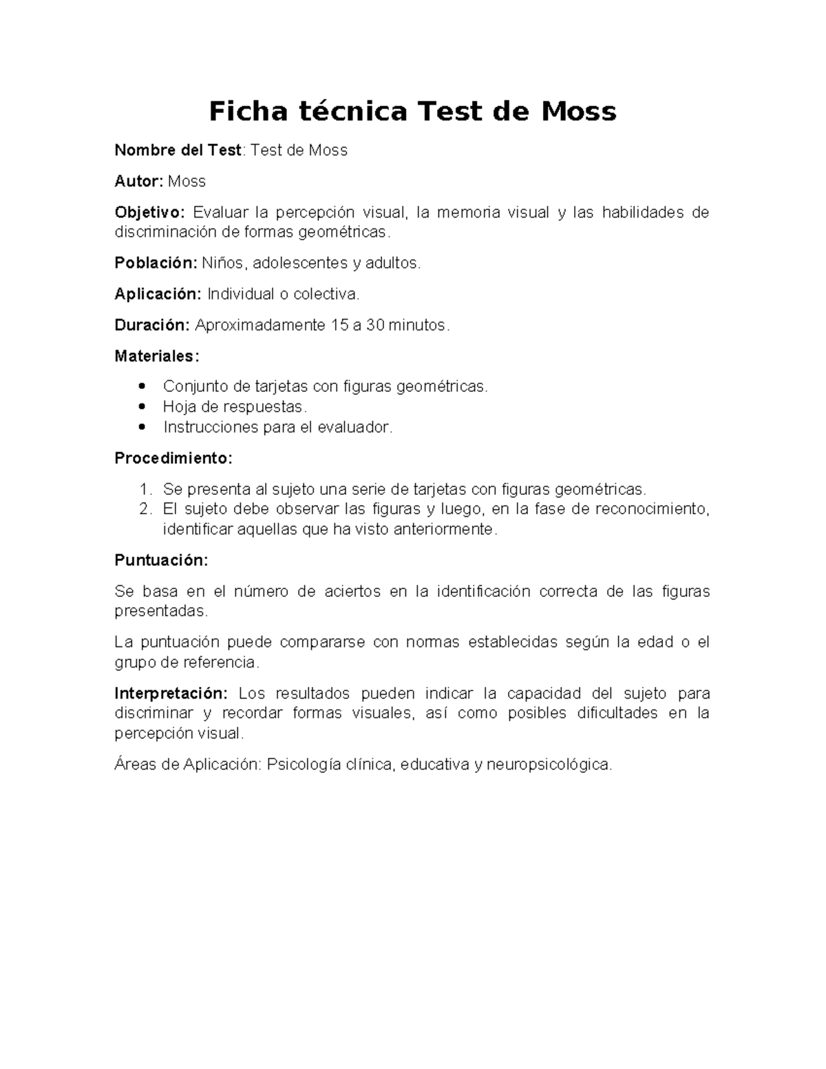 Ficha Técnica Test de Moss: Evaluación de Percepción Visual y Memoria ...