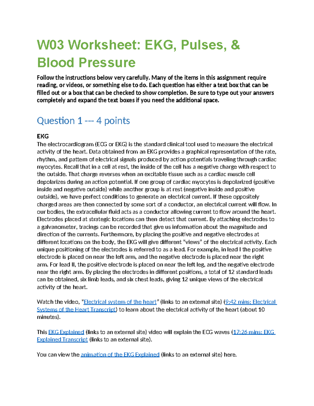 Bio265L W03 Worksheet: EKG, Pulses, & Blood Pressure Overview - Studocu