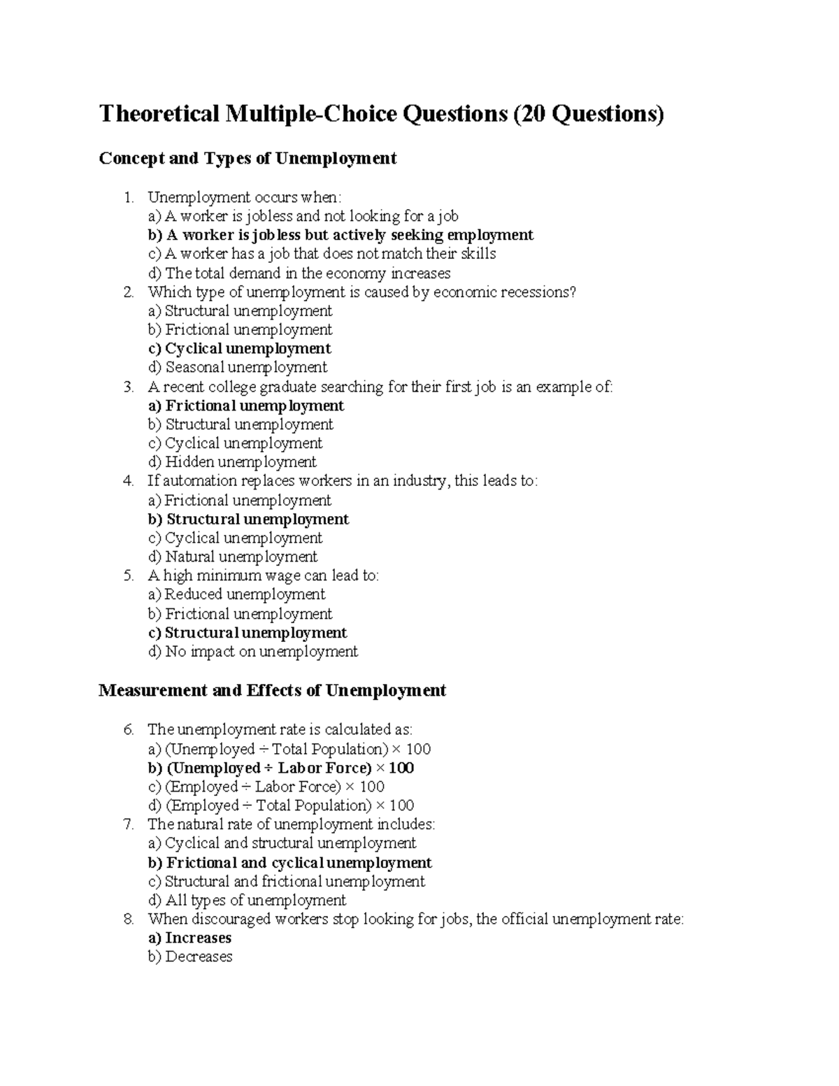 Unemployment MCQs (20 Qs) - Concepts, Types & Effects - Studocu