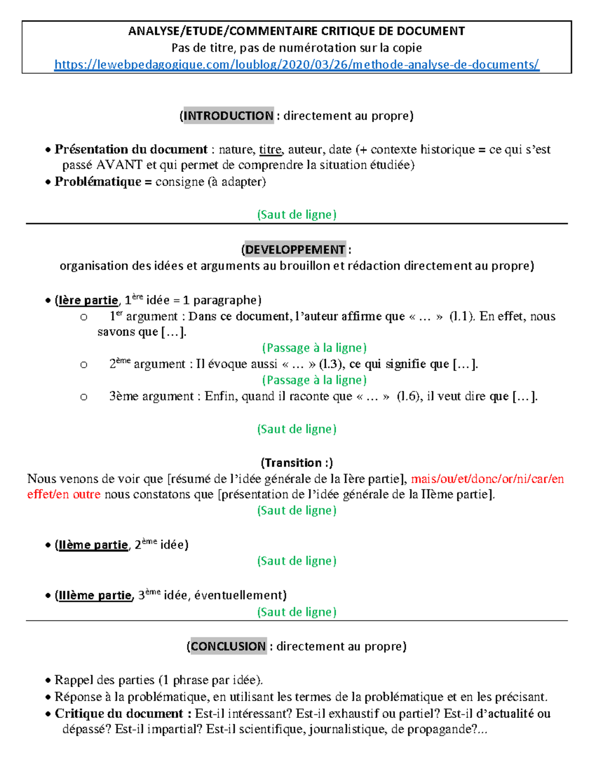 Etude critique de documents methode - ANALYSE/ETUDE/COMMENTAIRE ...