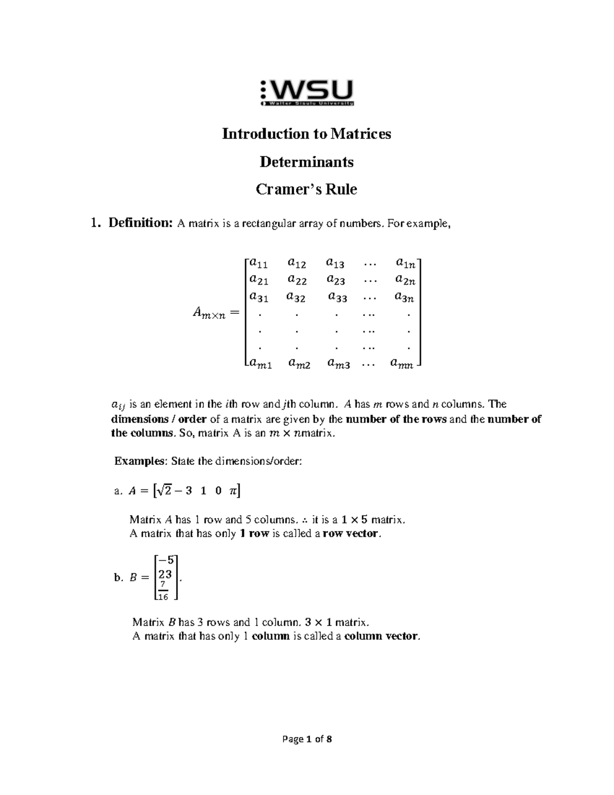 Matrices, Determinants, and Cramer's Rule (MATH 101) - Studocu