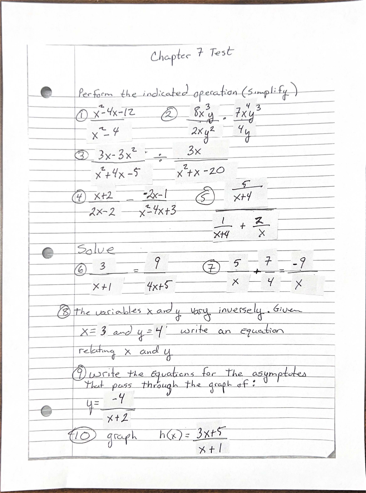 Chapter 7 Test: Simplifying Operations and Inverse Variations - Studocu