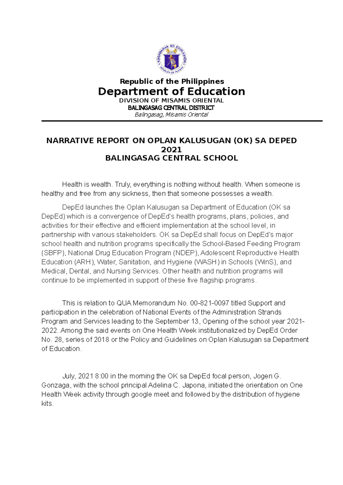 OK SA DepEd Balingasag Central School Accomplishment Report 2021-2022 ...