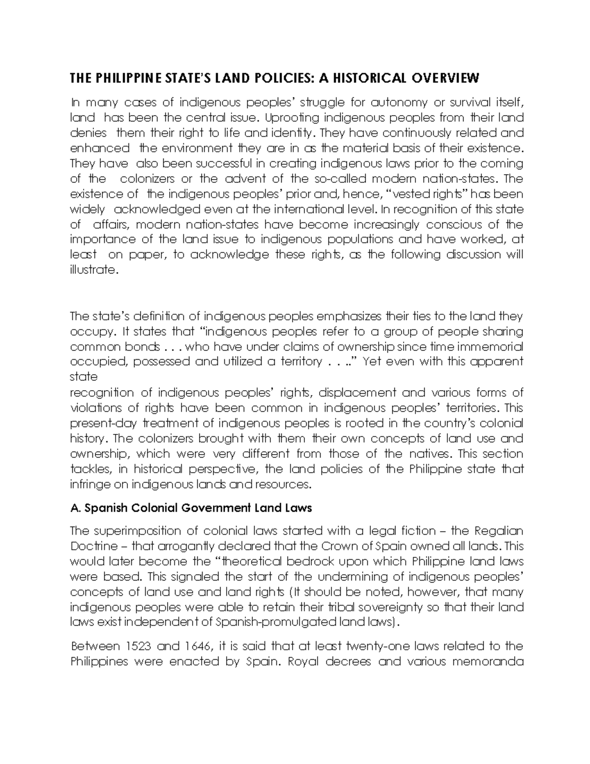 The Philippine State's Land Policies: Historical Insights on Indigenous ...