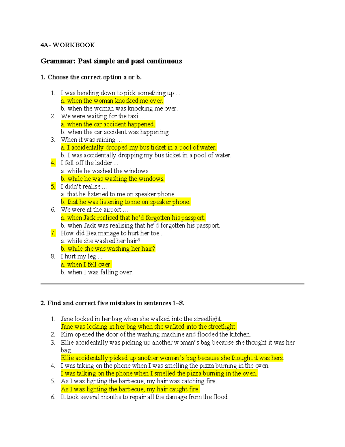 4A-Workbook: Grammar Exercises on Past Simple & Continuous - Studocu