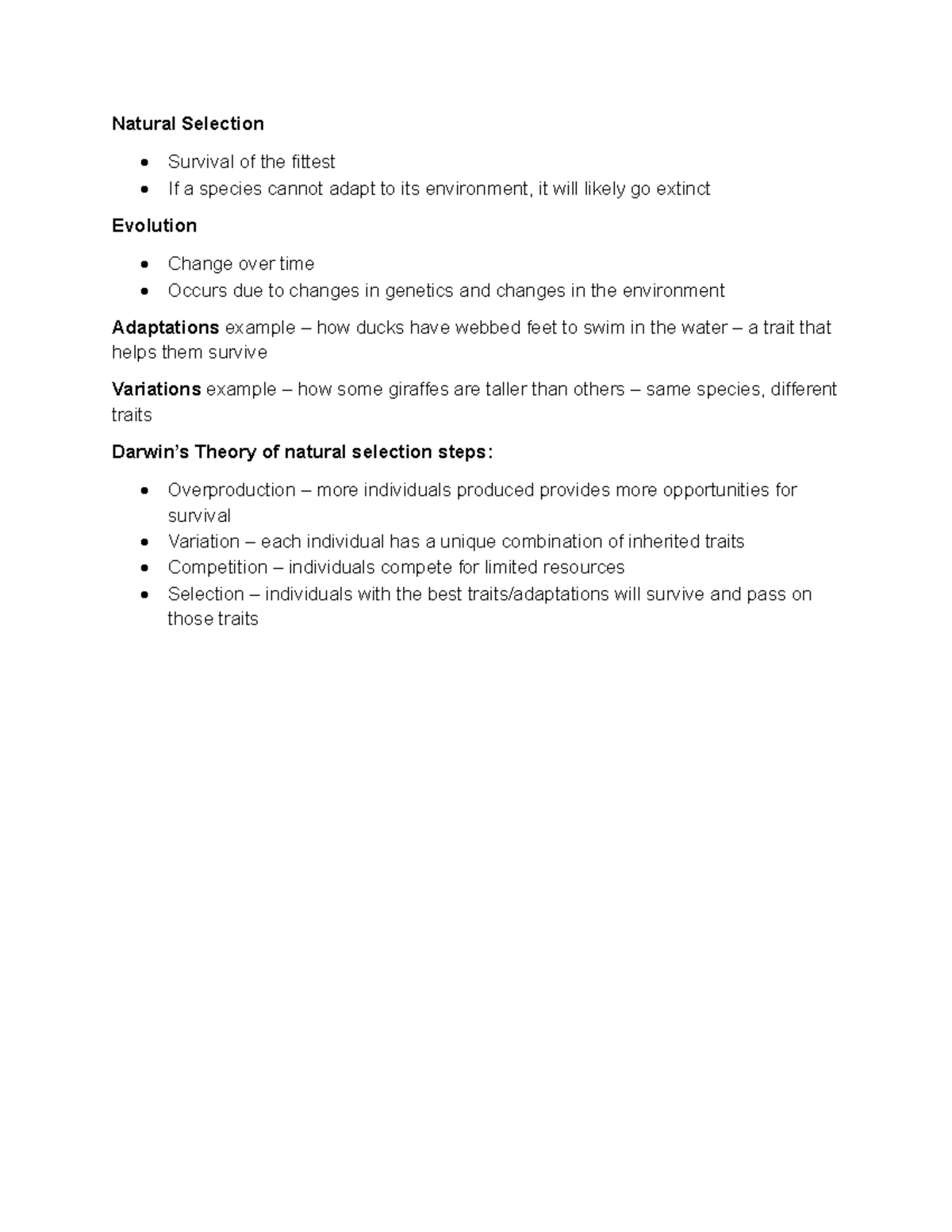 Natural Selection Study Sheet - Natural Selection - Survival of the ...
