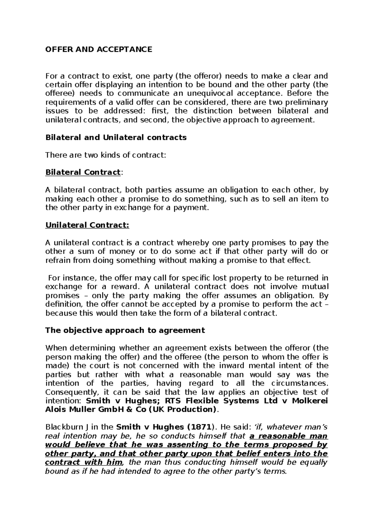 OFFER AND ACCEPTANCE: Key Concepts and Case Studies Notes - Studocu