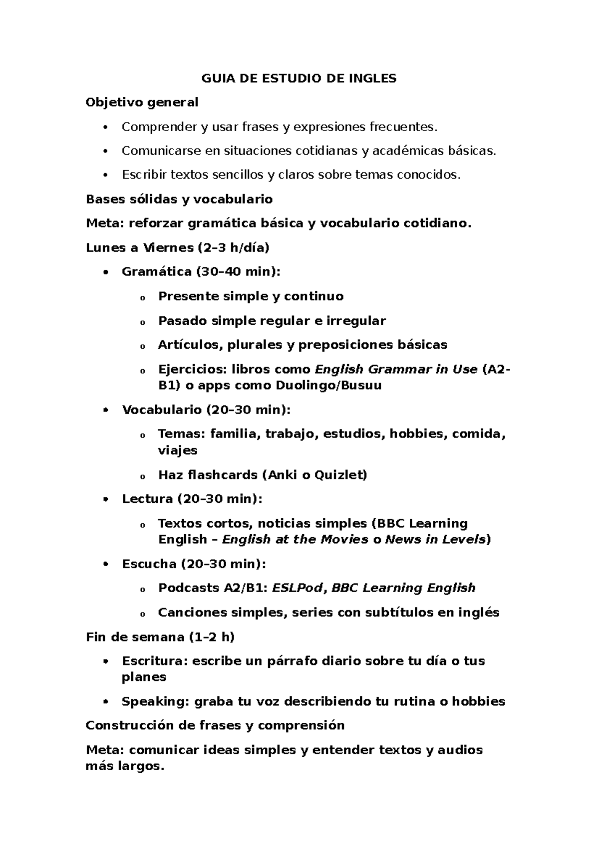GUÍA DE ESTUDIO DE INGLÉS: Gramática y Vocabulario Básico - Studocu