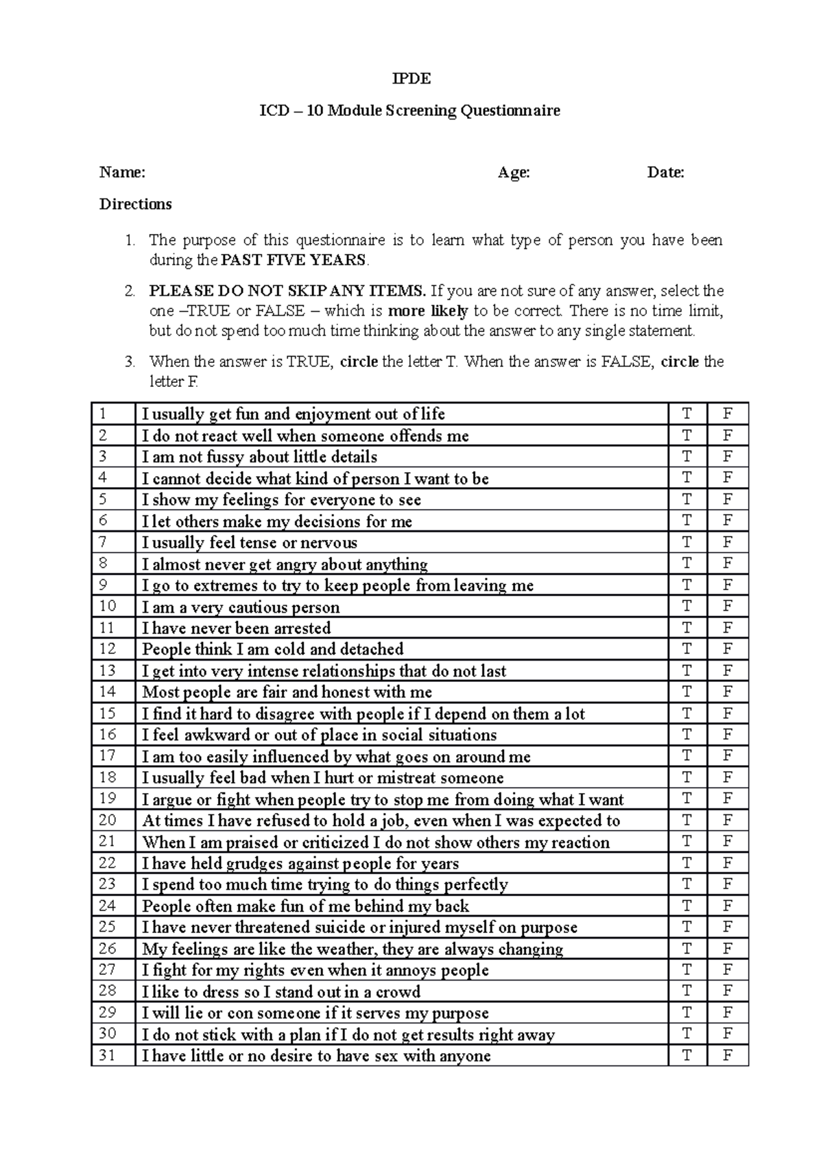 ICD-10 Module Screening Questionnaire: IPDE Assessment Guide - Studocu