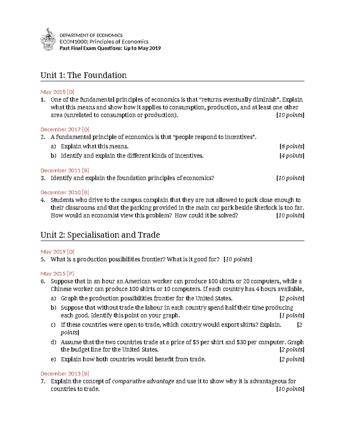 ECON1000 Final Exam Past Paper - Principles of Economics I - Studocu