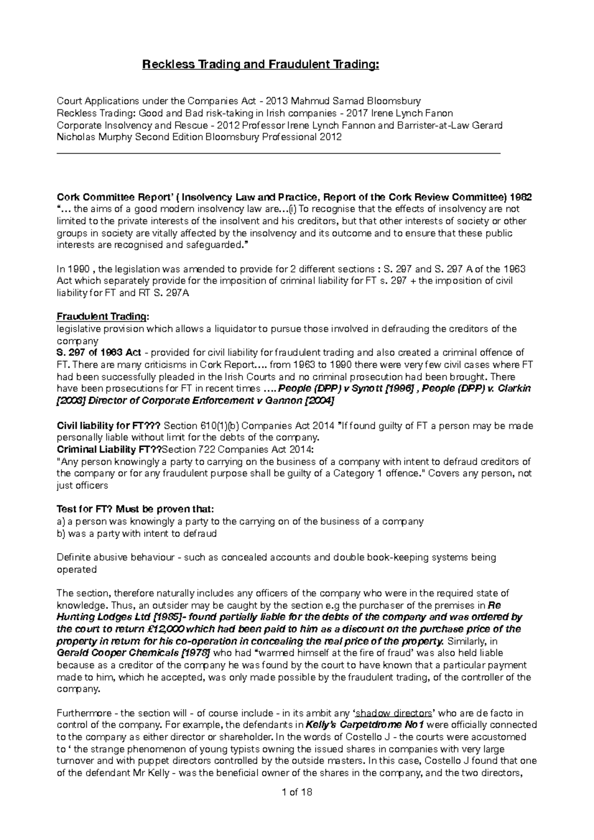 Revised Title: Final Exam Notes on Fraudulent and Reckless Trading (LAW ...