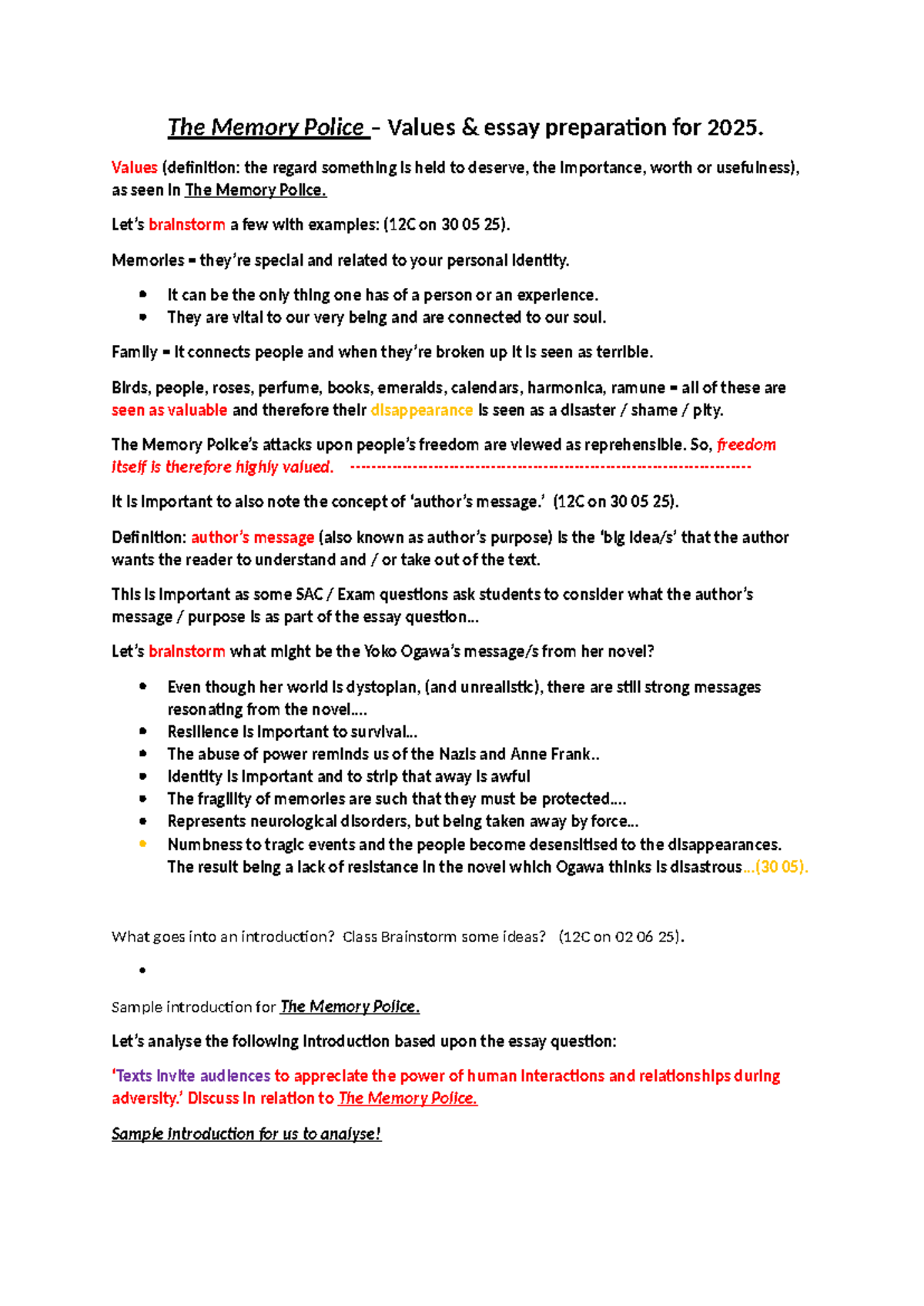 The Memory Police Values Essay Prep - 12A 2025 - Studocu
